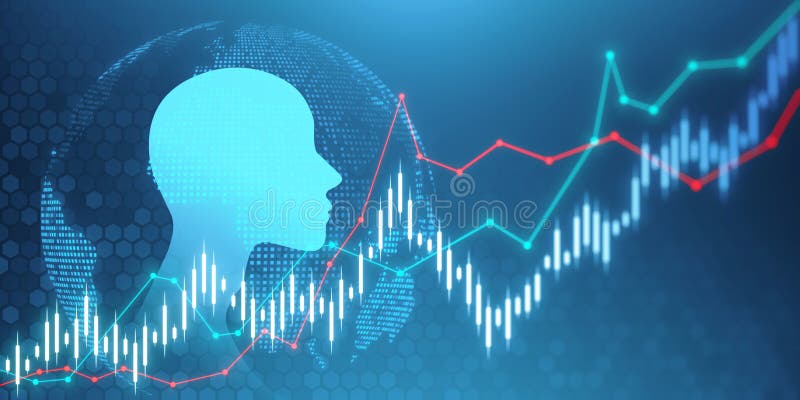 Abstract Glowing Forex Chart and Human Head Outline on Blue Backdrop ...