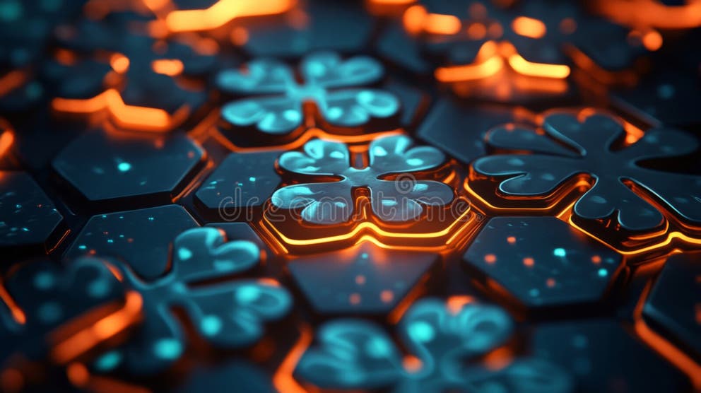 Abstract Glowing Four Leaf Clover Pattern on Hexagonal Grid Stock ...