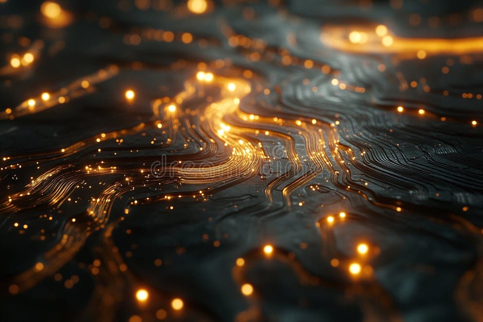 Abstract Glowing Gold Circuit Lines on Dark Background Representing ...