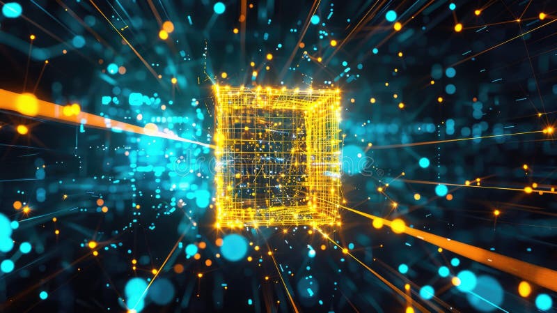 Abstract Glowing Golden Cube with Blue Bokeh on Dark Background. Tech ...