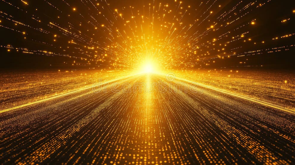 Abstract Glowing Golden Digital Binary Data Stream Converging at a ...