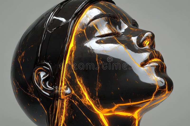 Abstract Glowing Golden Humanoid Head with Sharp Lines and Illuminated ...
