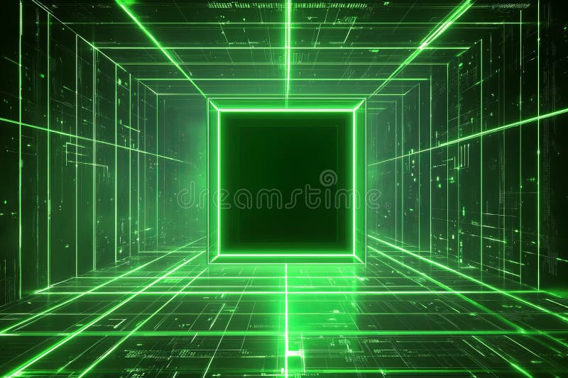 Abstract Glowing Green Coding Background with Blank Square Mock-up Frame. Big Data and Code ...