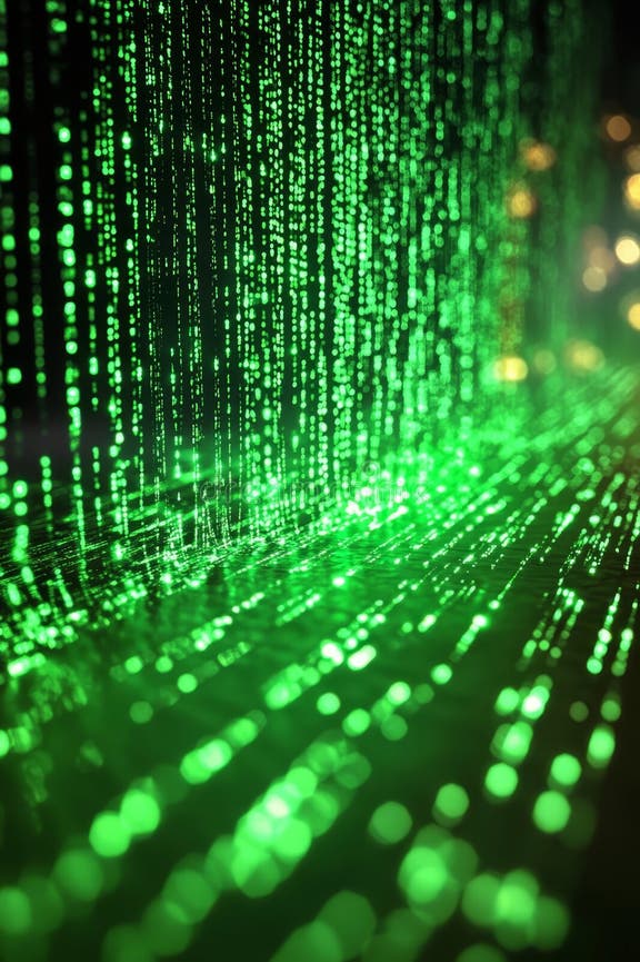 Abstract Glowing Green Data Streams on Dark Background, Cyberspace, Matrix Coding Concept. Stock ...