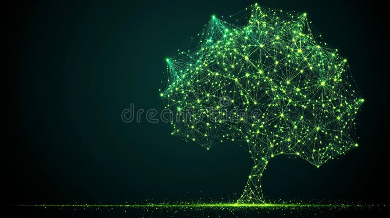 Abstract Glowing Green Tree with Network Connection. Environment ...