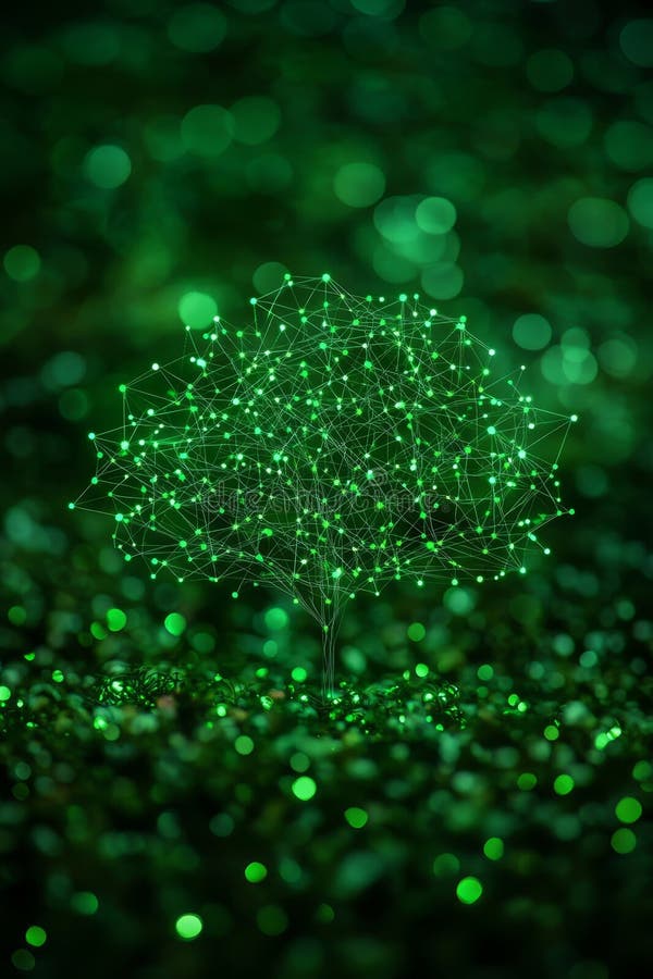 Abstract Glowing Green Tree with Network Connection Lines and Dots Over ...