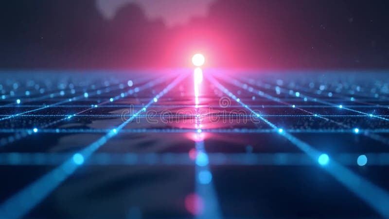 Abstract Glowing Grid Background with Central Light Source Reflecting ...