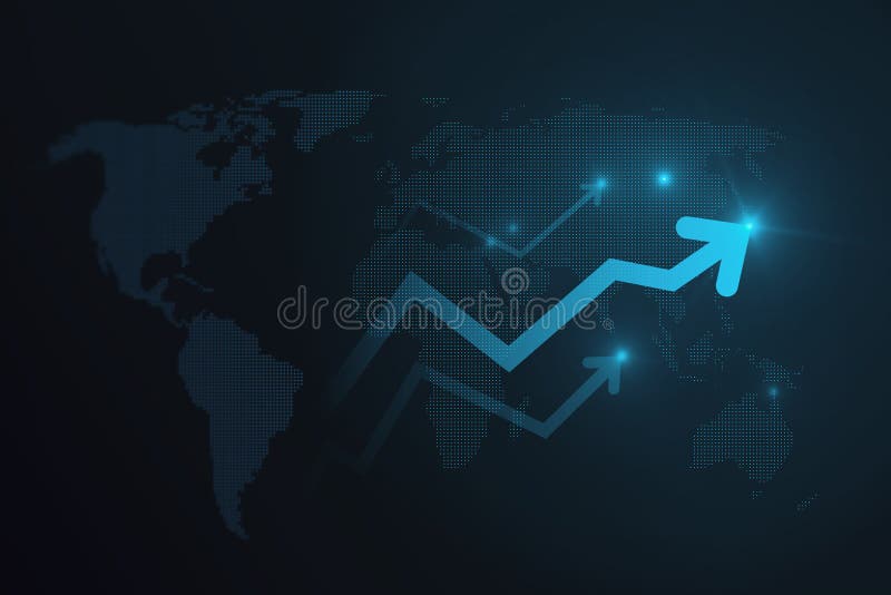 Abstract Glowing Growing Business Arrow and Map Hologram on Blue ...