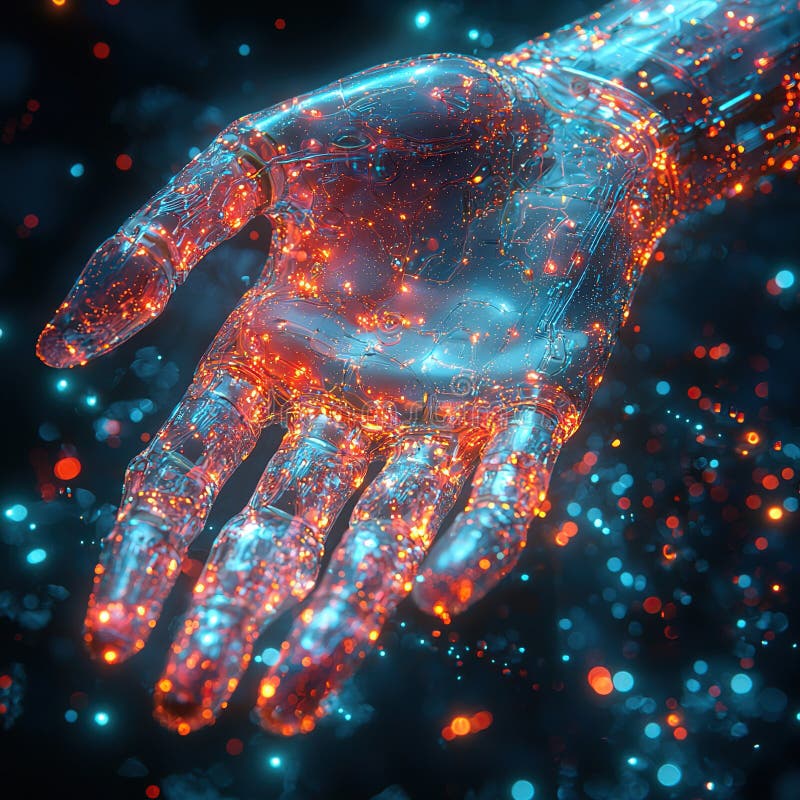 A Translucent Hand with Glowing Circuitry and Digital Trails, Embodying ...
