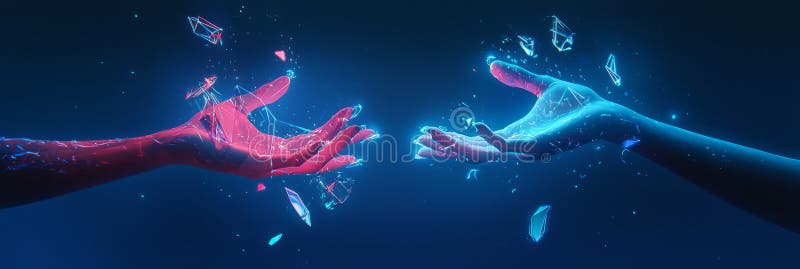 Abstract Glowing Hands Reaching Out Along Paths with Geometric Shapes ...