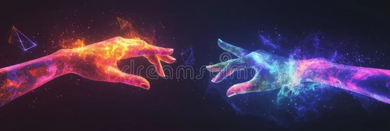 Abstract Glowing Hands Reaching Out Along Paths with Geometric Shapes ...