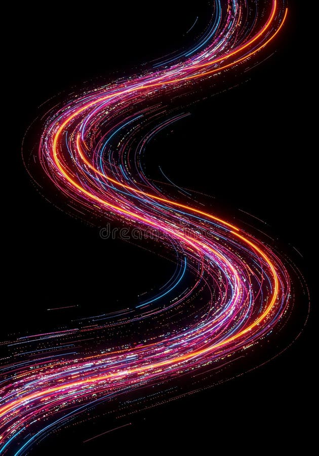 Abstract Glowing Light Trails on Black Background Stock Illustration ...