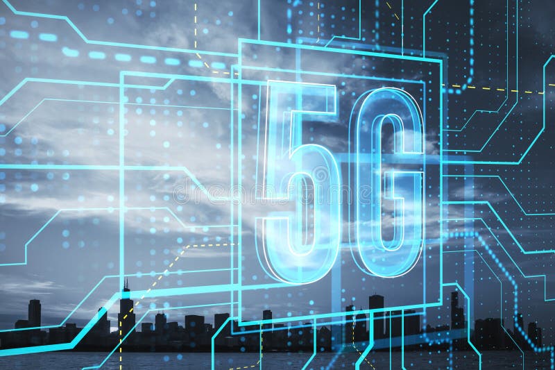 Abstract Glowing Linear 5g Hologram on Blurry City Background. 5G ...