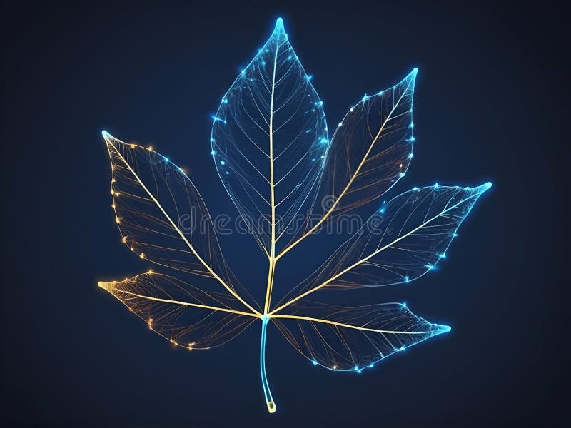 Abstract Glowing Low Poly Autumn Leaf in Blue Color Filled with Stars ...