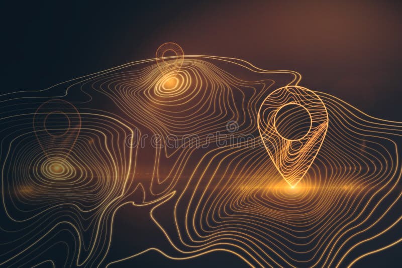 Abstract Glowing Map Geoposition with Marker on Dark Background. Travel ...