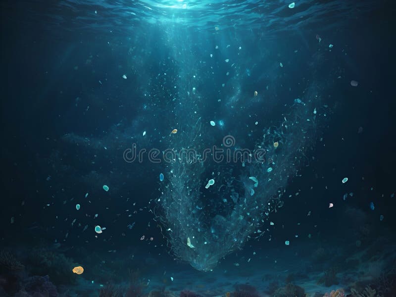 Abstract Glowing Microplastic Particles Float in Blue Ocean Pollution ...