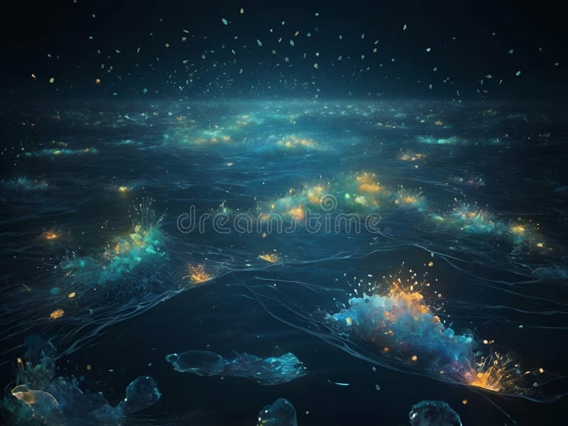 Abstract Glowing Microplastic Particles Float in Ocean, Water Pollution ...