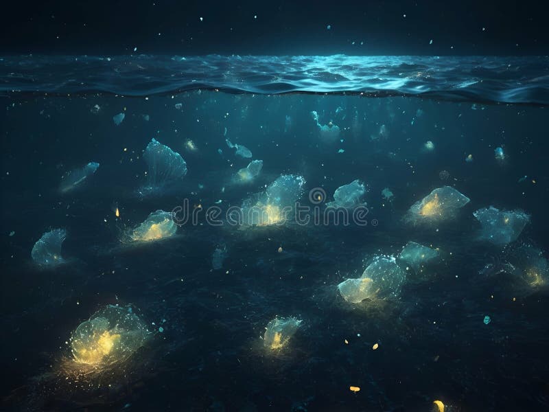 Abstract Glowing Microplastic Particles Float in the Ocean, Water ...