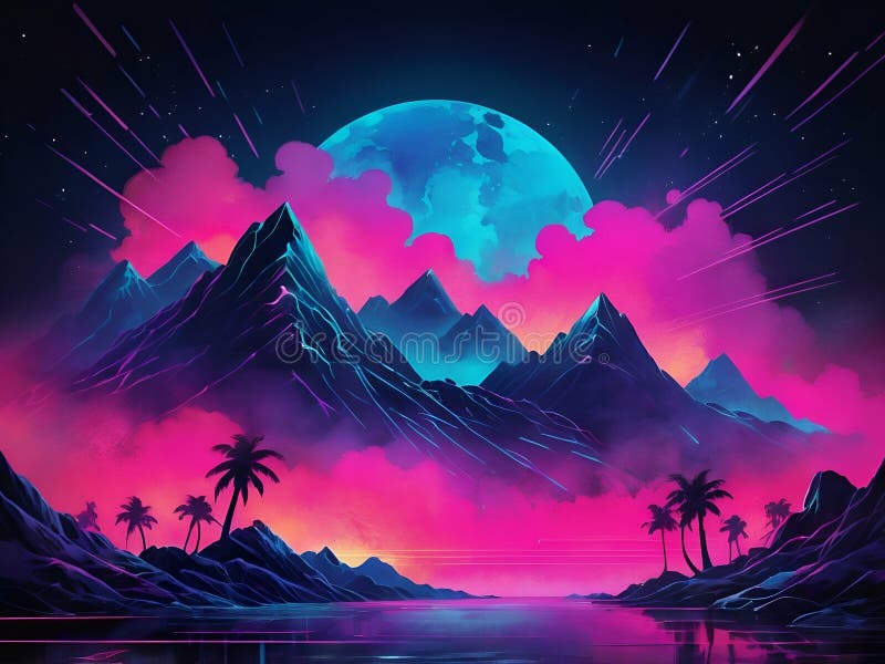 Abstract Glowing Neon High Contrast Retrowave Synthwave Watercolor ...