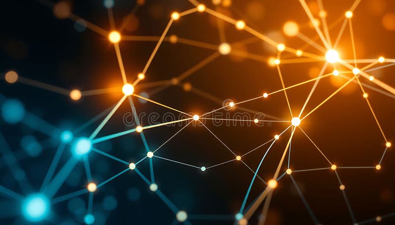 Abstract Glowing Network Nodes, Connection Points, Data Flow, Digital Technology, Web, Stock ...