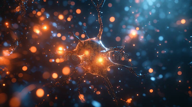 Abstract Glowing Neuron with Orange and Blue Lights and Particles in ...