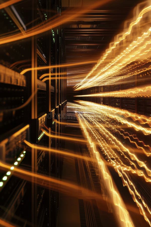 Abstract Glowing Orange Light Streaks in Server Room Stock Illustration ...