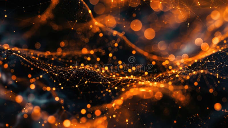 Abstract Glowing Orange Particles on a Dark Wave Surface. Digital Art ...