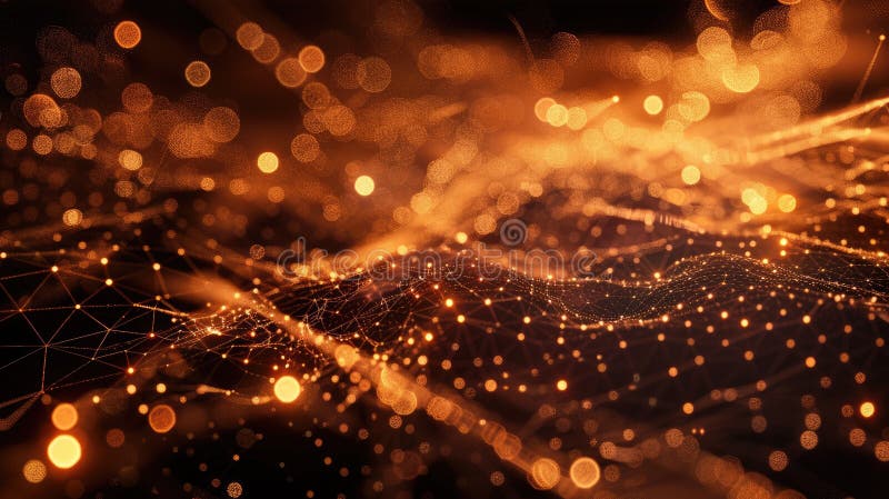 Abstract Glowing Orange Particles on a Dark Wave Surface. Digital Art ...