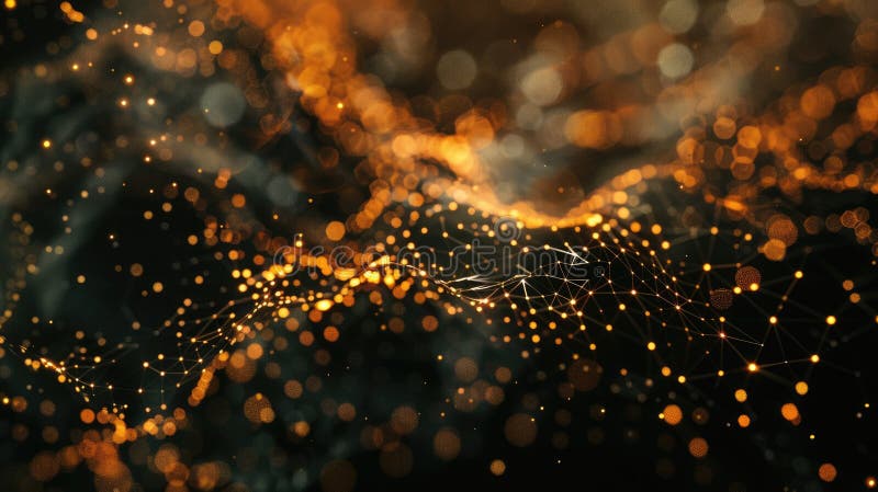 Abstract Glowing Orange Particles on a Dark Wave Surface. Digital Art ...
