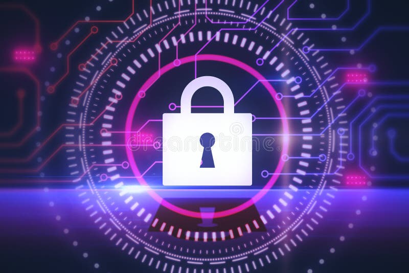 Abstract Glowing Padlock Interface on Purple Background. Safety ...