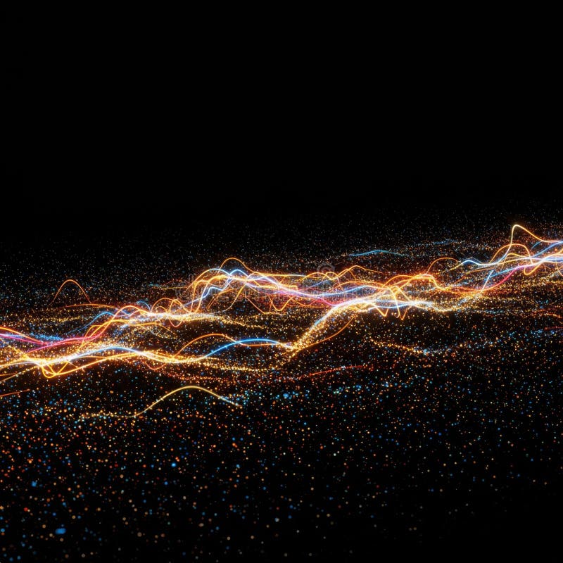 Abstract Glowing Particle Waves on Black Background Stock Illustration ...