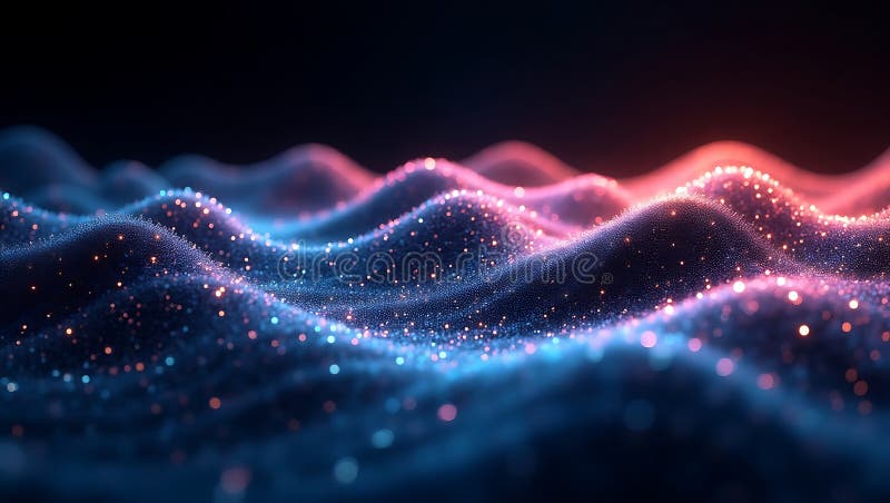 Abstract Glowing Particles on Wavy Surface with Pink and Blue Light on ...