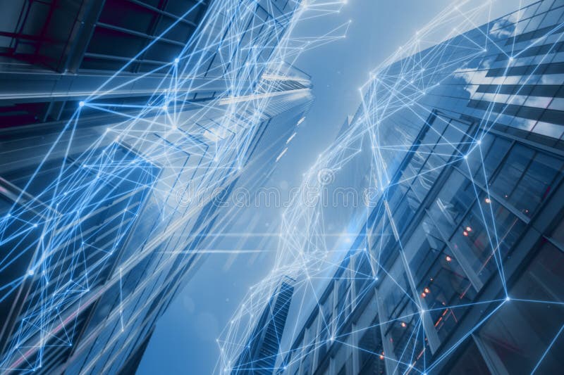 Abstract Glowing Polygonal Mesh on Bright City Backdrop. Smart City ...