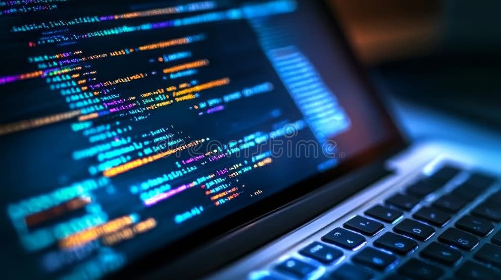 Abstract Glowing Programmer Workspace with Open Laptop and Colorful Source Code Editor Display ...