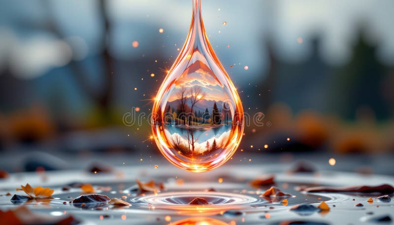 An Abstract Glowing Raindrop Suspended Midair, Reflections of Clouds ...