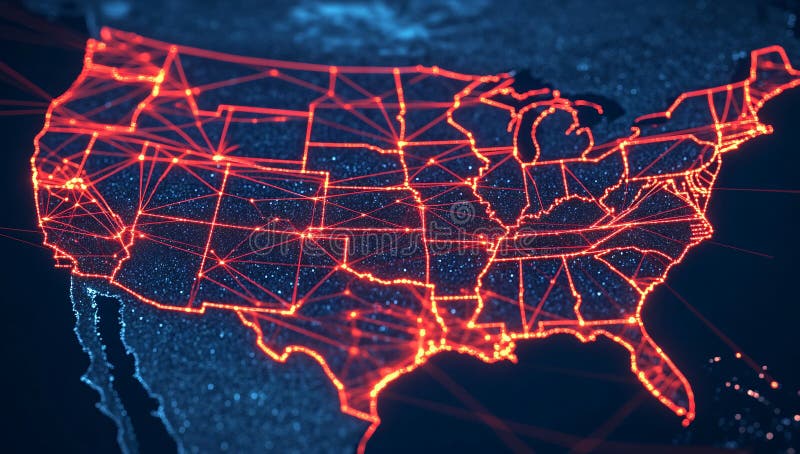 Abstract Glowing Red Lines Map of USA Stock Illustration - Illustration ...