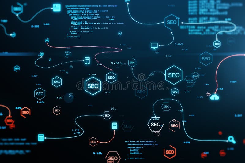 Abstract Glowing SEO Background with Icons. Search Engine Optimization ...