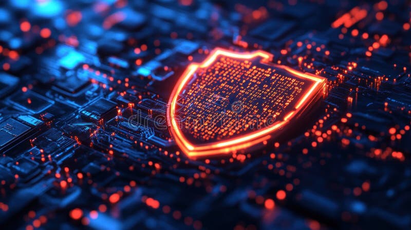 Abstract Glowing Shield Graphic on a Circuit Board Stock Image - Image ...