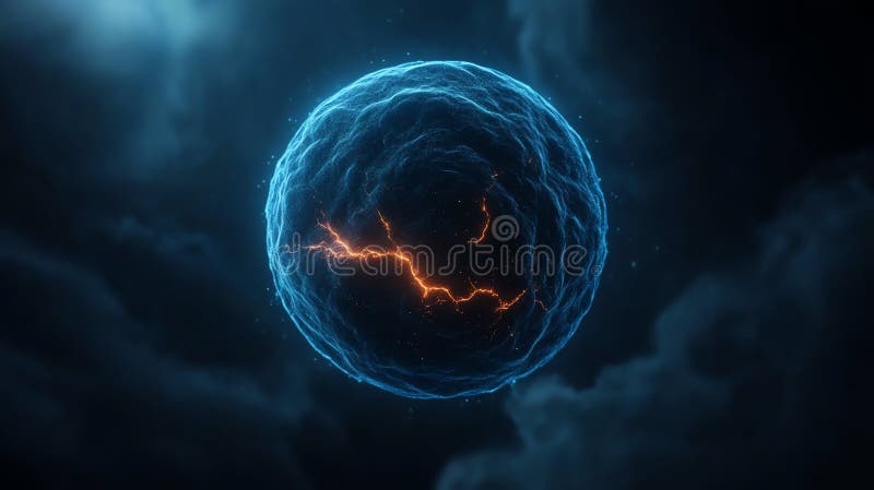 Abstract Glowing Sphere with Blue and Orange Lightning in Dark Cloudy ...