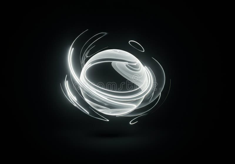 Abstract Glowing Sphere with Swirling Light Trails on a Dark Background ...