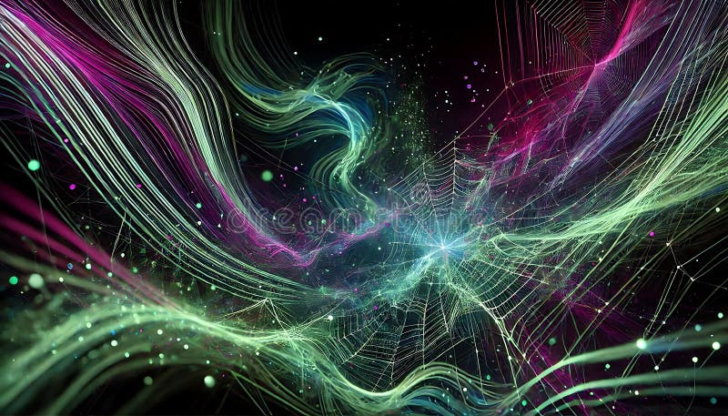 Abstract Glowing Spider Web Patterns in Neon Green and Purple Suspended ...