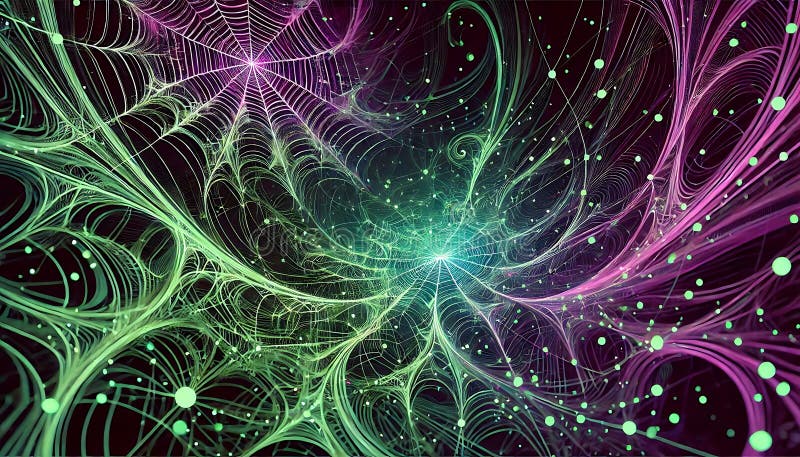 Abstract Glowing Spider Web Patterns in Neon Green and Purple Suspended ...