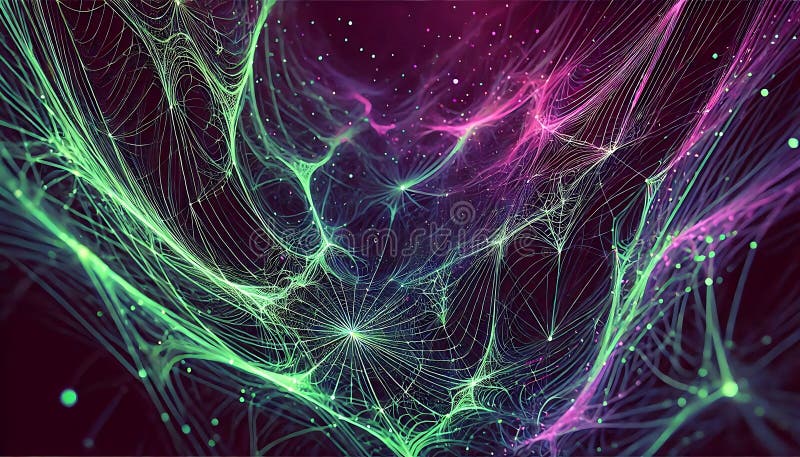 Abstract Glowing Spider Web Patterns in Neon Green and Purple Suspended ...
