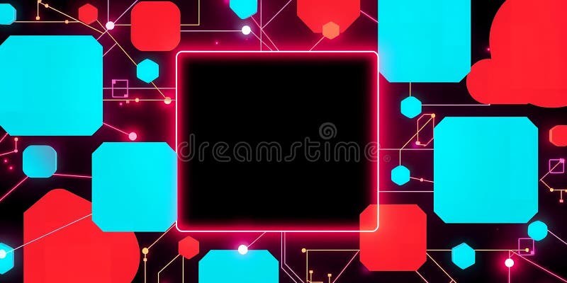 Abstract Glowing Square Frame Surrounded by Blue and Red Shapes on a ...