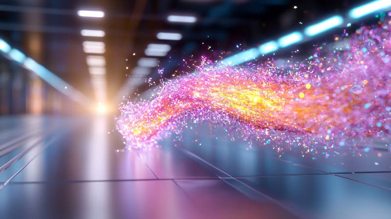 Abstract Glowing Stream of Particles in an Industrial Corridor Scene ...