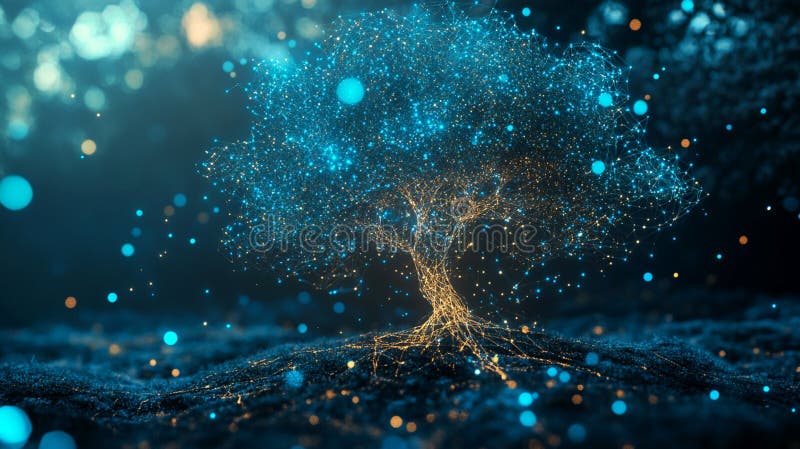 Abstract Glowing Tree Digital Art Network Blue Gold Lights Background ...