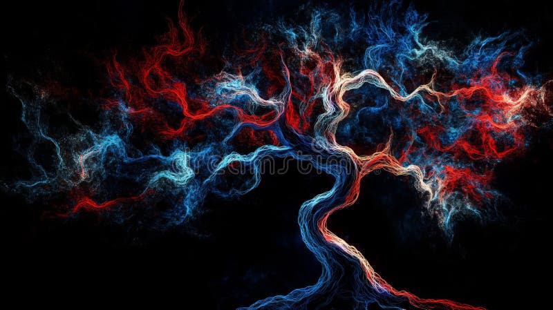 Abstract Glowing Tree Digital Art with Red Blue and White Particles ...