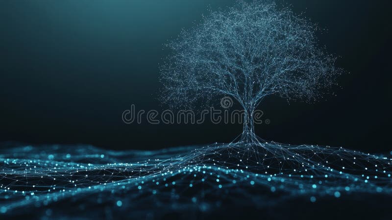 Abstract Glowing Tree with Network Connection on Dark Blue Background ...