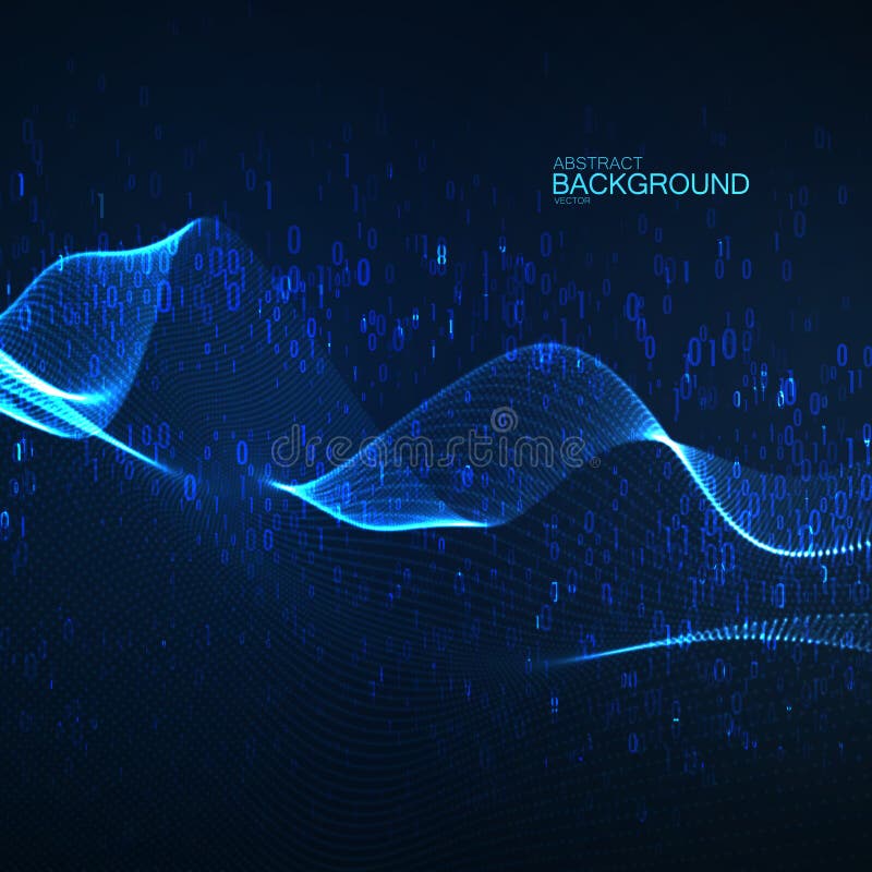 Abstract Glowing Virtual Neon Wave With Chaotic Binary Code Particles
