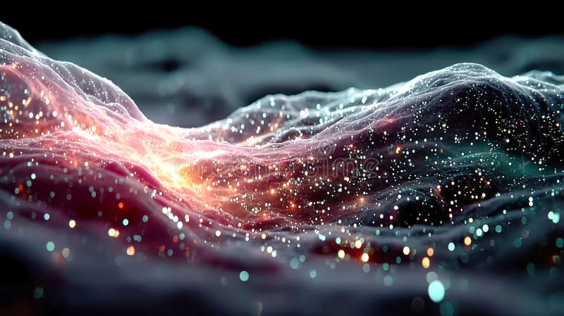Abstract Glowing Wave Landscape with Sparkling Particles, Representing ...